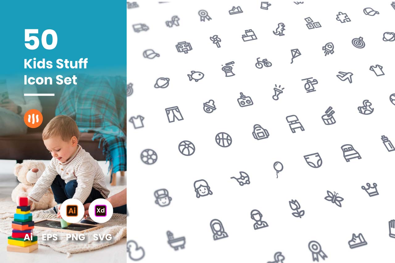 50 Kids Stuff Icon Set - Git Aset