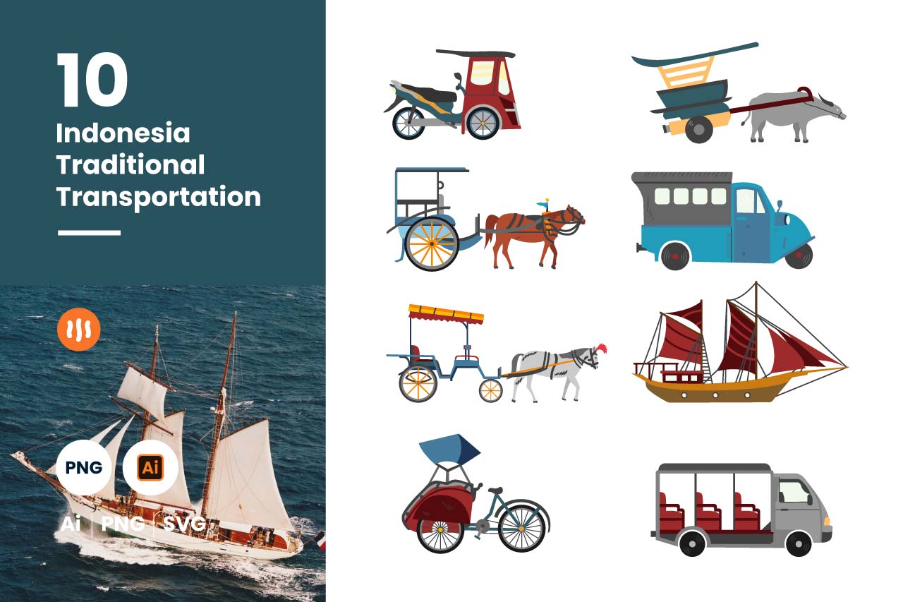 10 Indonesia Traditional Transportation Colored - Git Aset