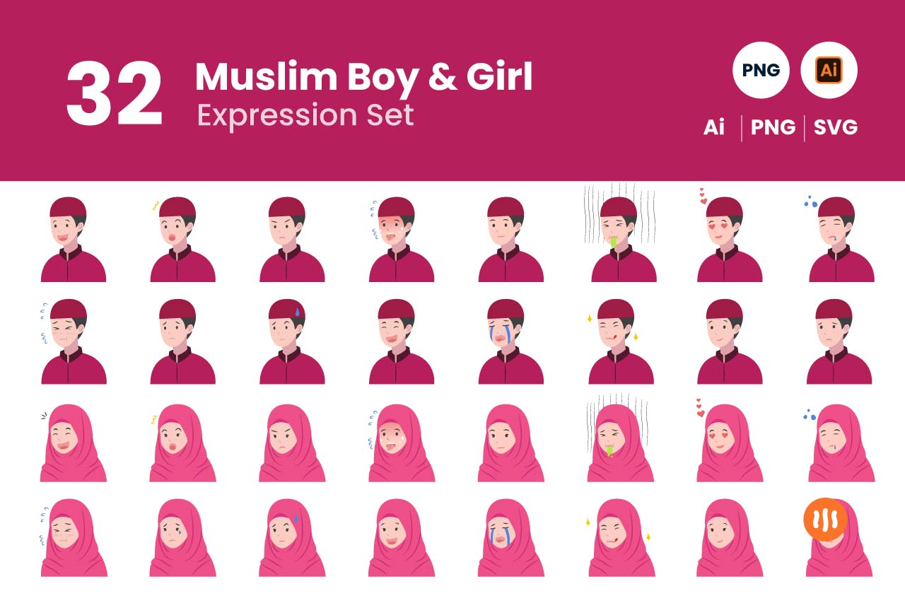 32 Moeslim Boy & Girl Expression Set - Git Aset