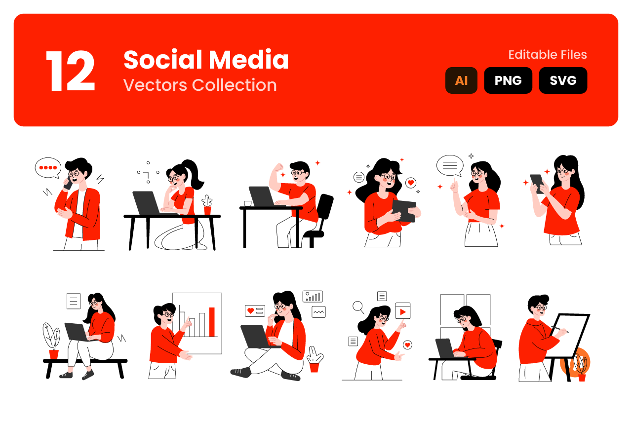 12 Social Media Illustrations - Git Aset